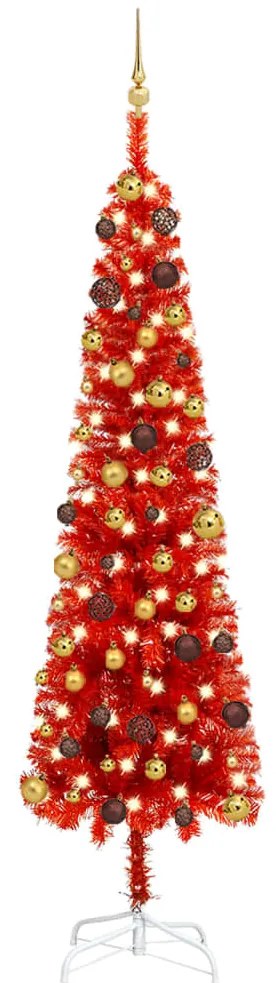 3078043 vidaXL Úzký vánoční stromek s LED diodami a sadou koulí červený 240 cm
