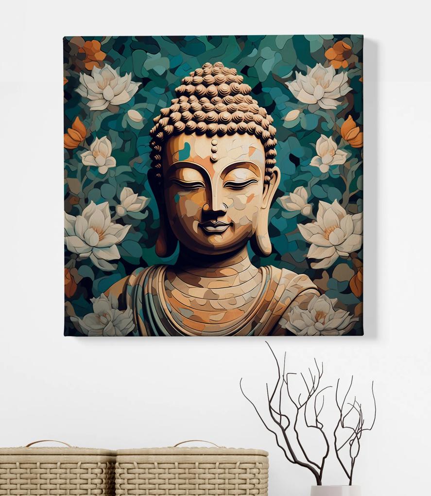 Obraz na plátně - Buddhova hlava a pozadí s květy FeelHappy.cz Velikost obrazu: 120 x 120 cm