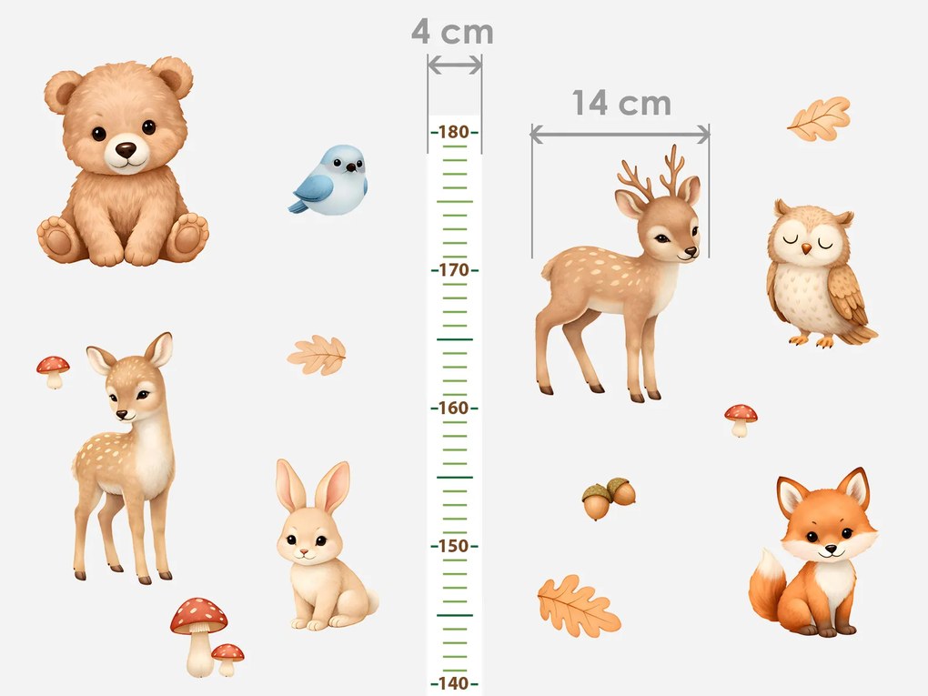 Metr veselá zvířátka z lesa textilní přelepitelné samolepky na zeď výška 160 cm