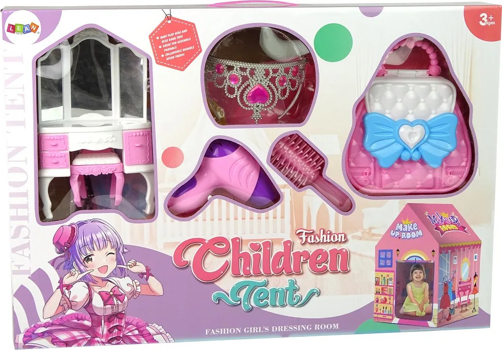 LEAN Toys Princeznovský stan pro děti kosmetický salon růžový s korunkou