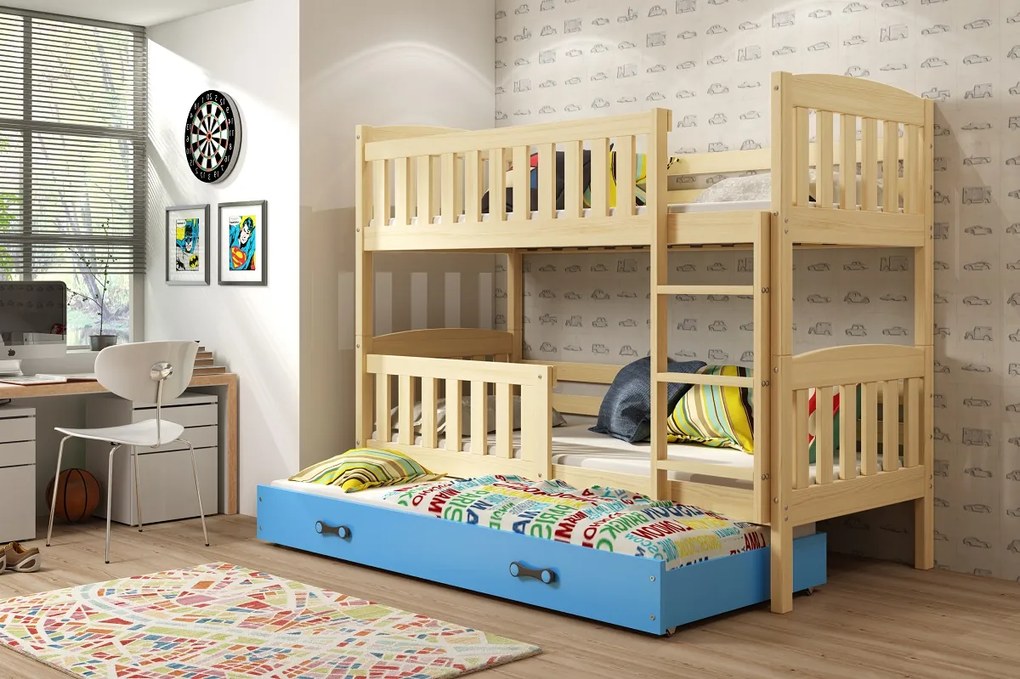 BMS Group Dětská patrová postel s přistýlkou KUBUS borovice Velikost postele: 200x90 cm, Barva šuplíku: Růžová