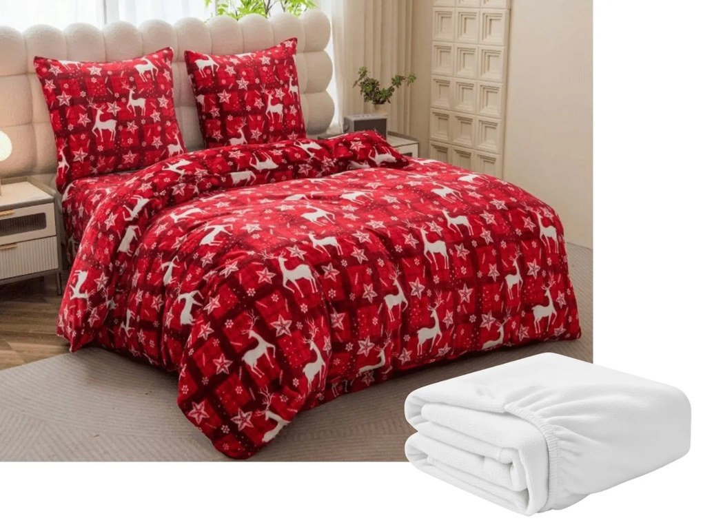 Sada mikroplyšového povlečení VELVET CHRISTMAS červené + prostěradlo mikroplyš SOFT 180x200 cm bílé, dvoulůžko
