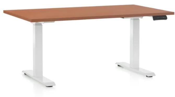 Výškově nastavitelný stůl OfficeTech D, 140 x 80 cm, bílá podnož, třešeň