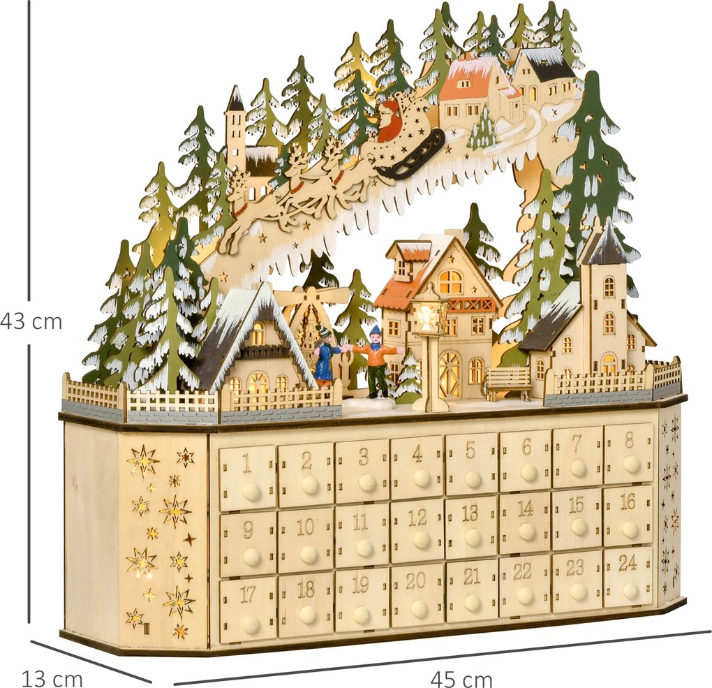 HOMCOM Adventní kalendář Vánoční dekorace, 24 zásuvek, LED světla, 39 cm x 9 cm x 42 cm, bílá + zelená 830-417