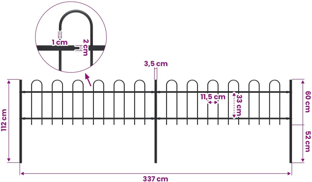Zahradní plot s obloukem nahoře ocelový 337 x 60 cm černý 277639