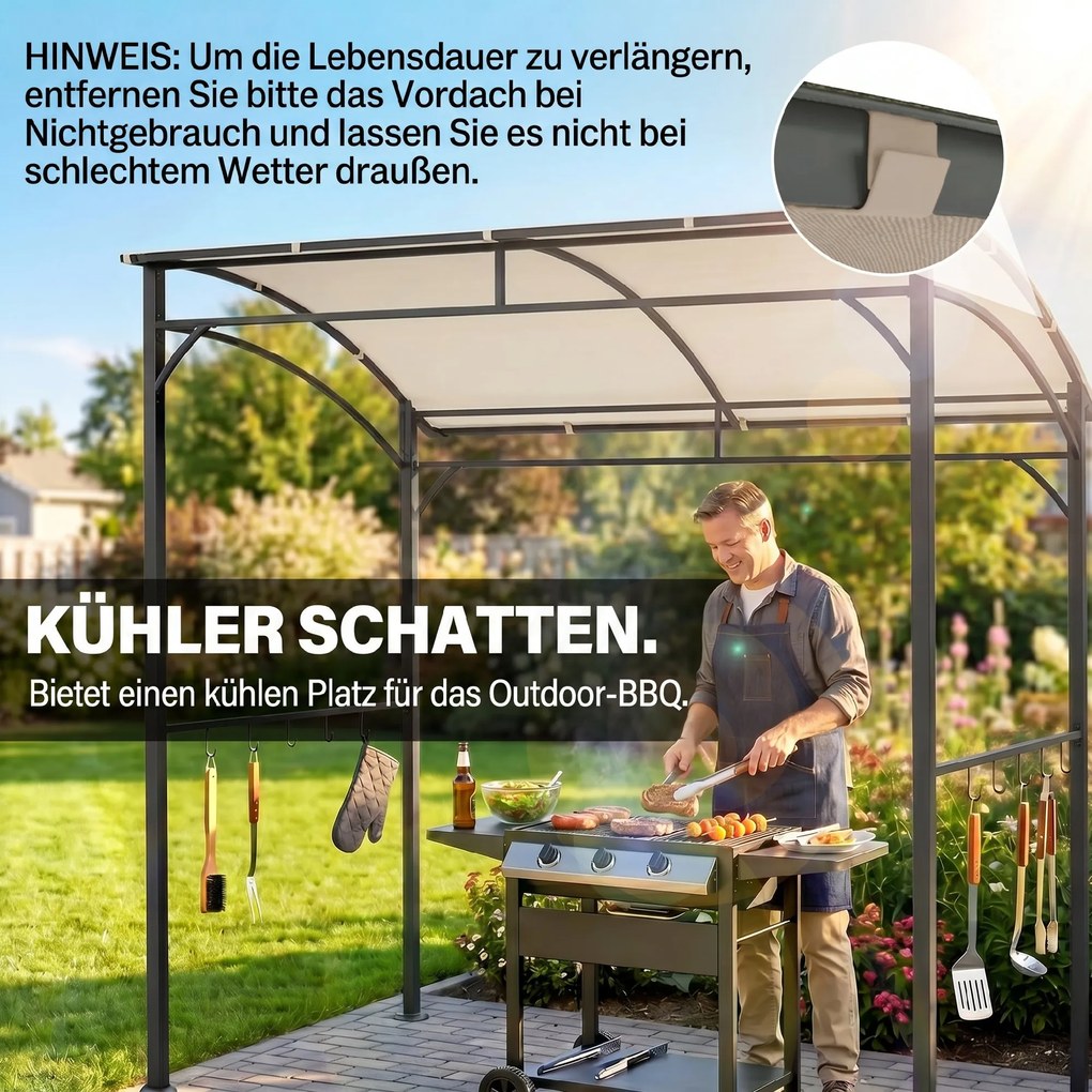 Outsunny altán na grilování Zahradní altán se stříškou na grilování odolnou proti UV záření, ocelový rám a háčky, polyester, béžová barva, 215x150x22…