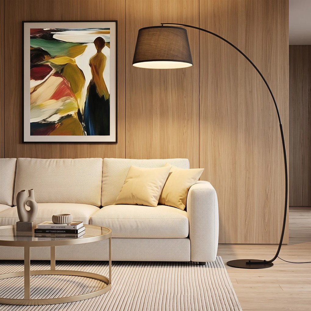 HOMCOM Stojací lampa, zakřivená stojací lampa s látkovým stínidlem, podlahová lampa s kulatou základnou, kov, 105D x 47Š x 190V cm, černá