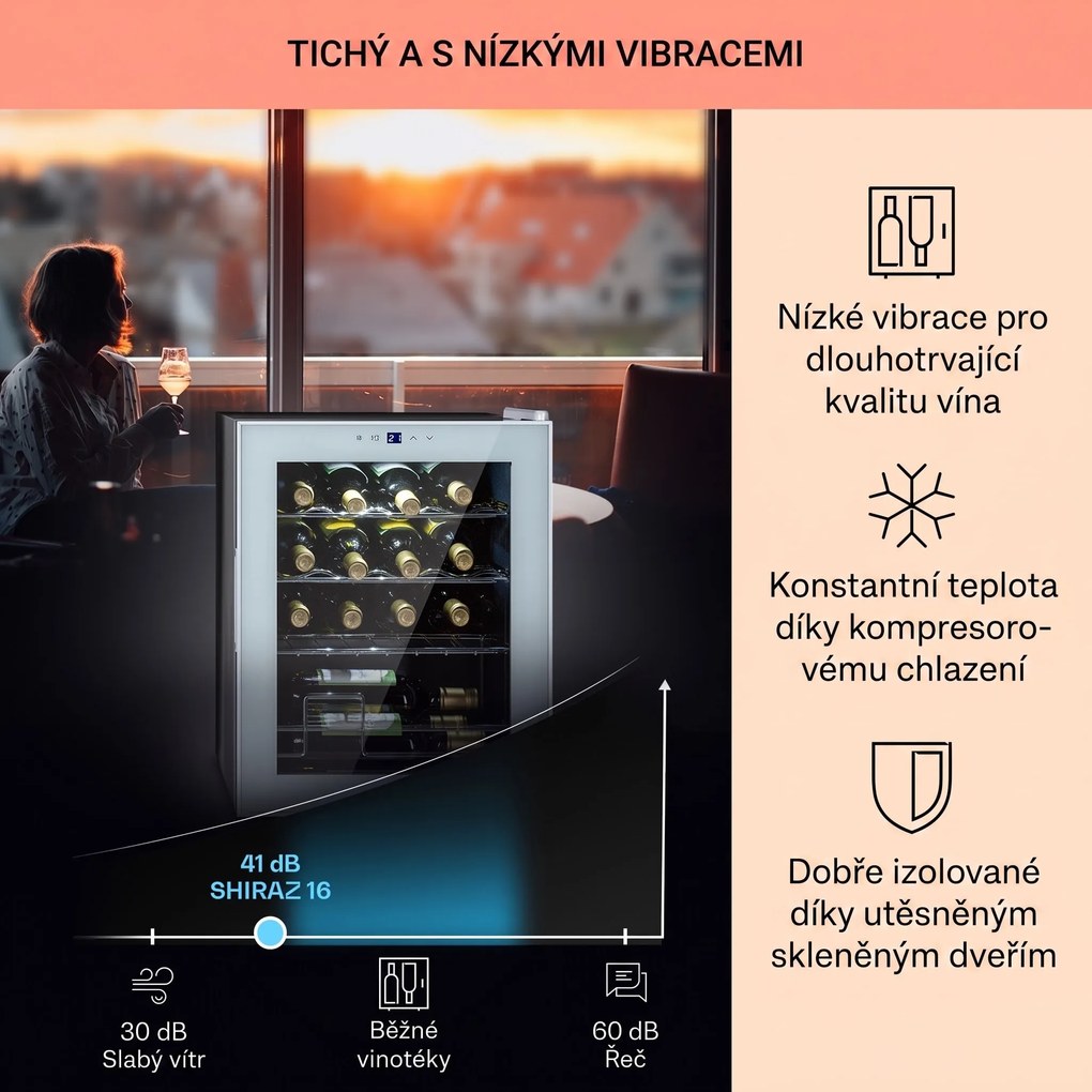Klarstein Shiraz 16 Quartz, vinotéka, 42 l,160 W, 5-18 °C, dotykové ovládání
