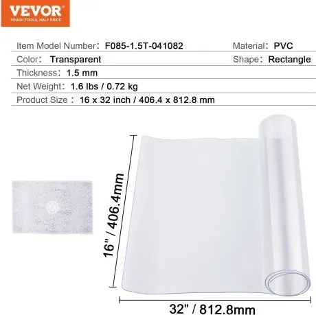PVC chránič stolu 40,6 × 81,3 cm průhledný plastový 1,5 mm silný