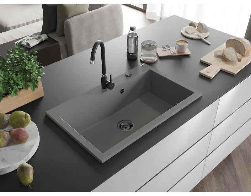 Mexen Elix, 1korový granitový dřez 800 x 500 mm, šedá, černý sifon, 6527801005-71-B