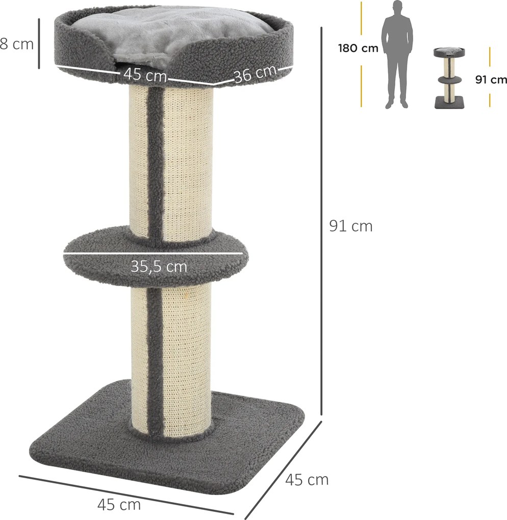 Škrabadlo PawHut pro kočky, stabilní škrabadlo s plošinou, sisal, nosnost 30 kg, šedé, pro aktivní hru a odpočinek | Aosom.de