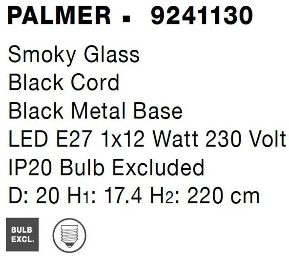 Nova Luce Závěsné svítidlo PALMER kouřové sklo černý kabel černá kovová základna E27 1x12W