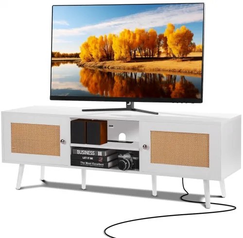 TV stolek VEVOR z ratanu pro 65palcovou televizi, boho TV stolek s ratanovými dvířky, zábavní centrum s vestavěnou zásuvkou a USB porty, moderní TV konzole do obývacího pokoje, mediální místnost, bílá