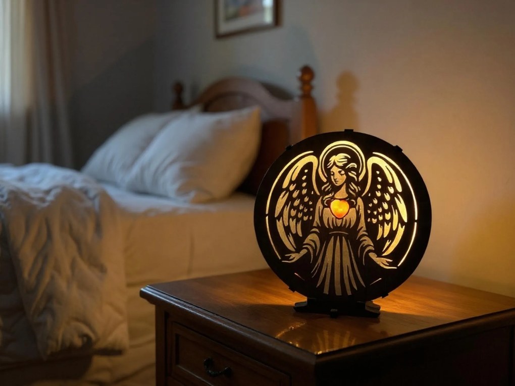 Li-Go "Anděl s karneolovým srdcem" dřevěná lampa s dvojitým podsvícením 20x22 cm černá s patinou