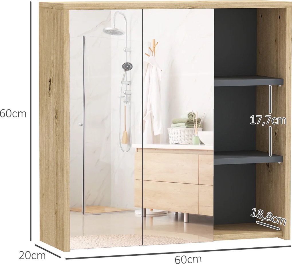 HOMCOM Koupelnová skříňka s zrcadlem - Nástěnná koupelnová skříňka se zrcadlem a policemi, moderní styl 60x20x60 cm, přírodní dřevo