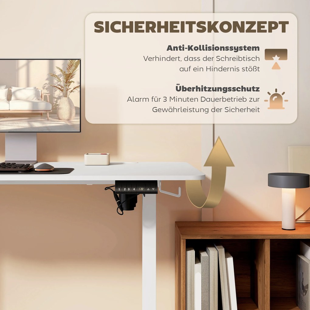 Vinsetto Výškově nastavitelný stůl 140x70cm Elektrický počítačový stůl 4 Paměť Ergonomické sedadlo Stojící stůl Háček proti kolizi Bílý