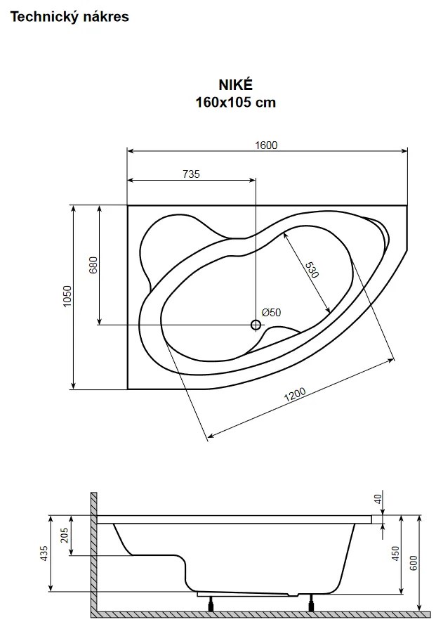 ARTTEC Akrylátová vana NIKÉ CLASSIC - 160 x 105 cm levá