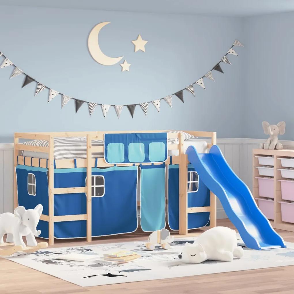 Dětská patrová postel se závěsy modrá 90 x 190 cm borovice,  3207028