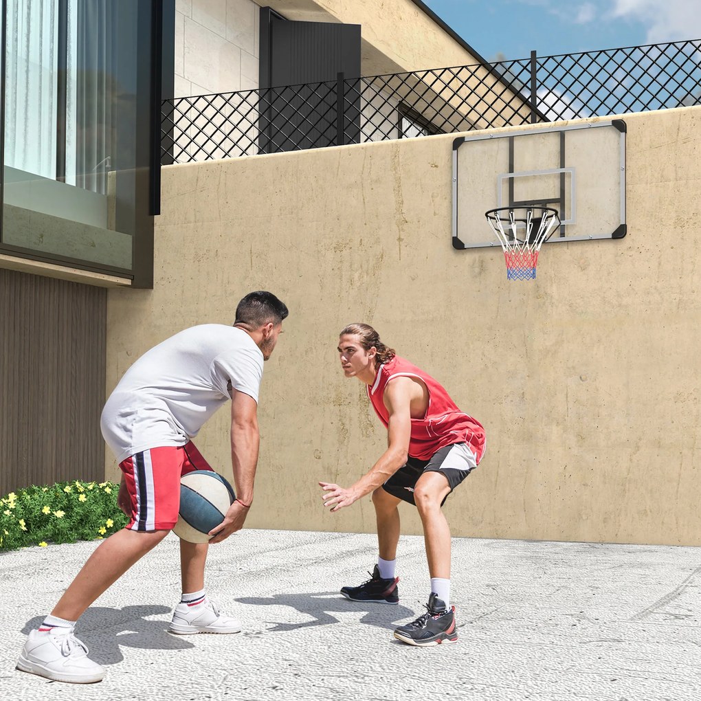 Nástěnný basketbalový koš SPORTNOW s basketbalovou deskou a sítí 113 x 61 x 73 cm z oceli pro venkovní aktivity v bílé barvě | Aosom.de