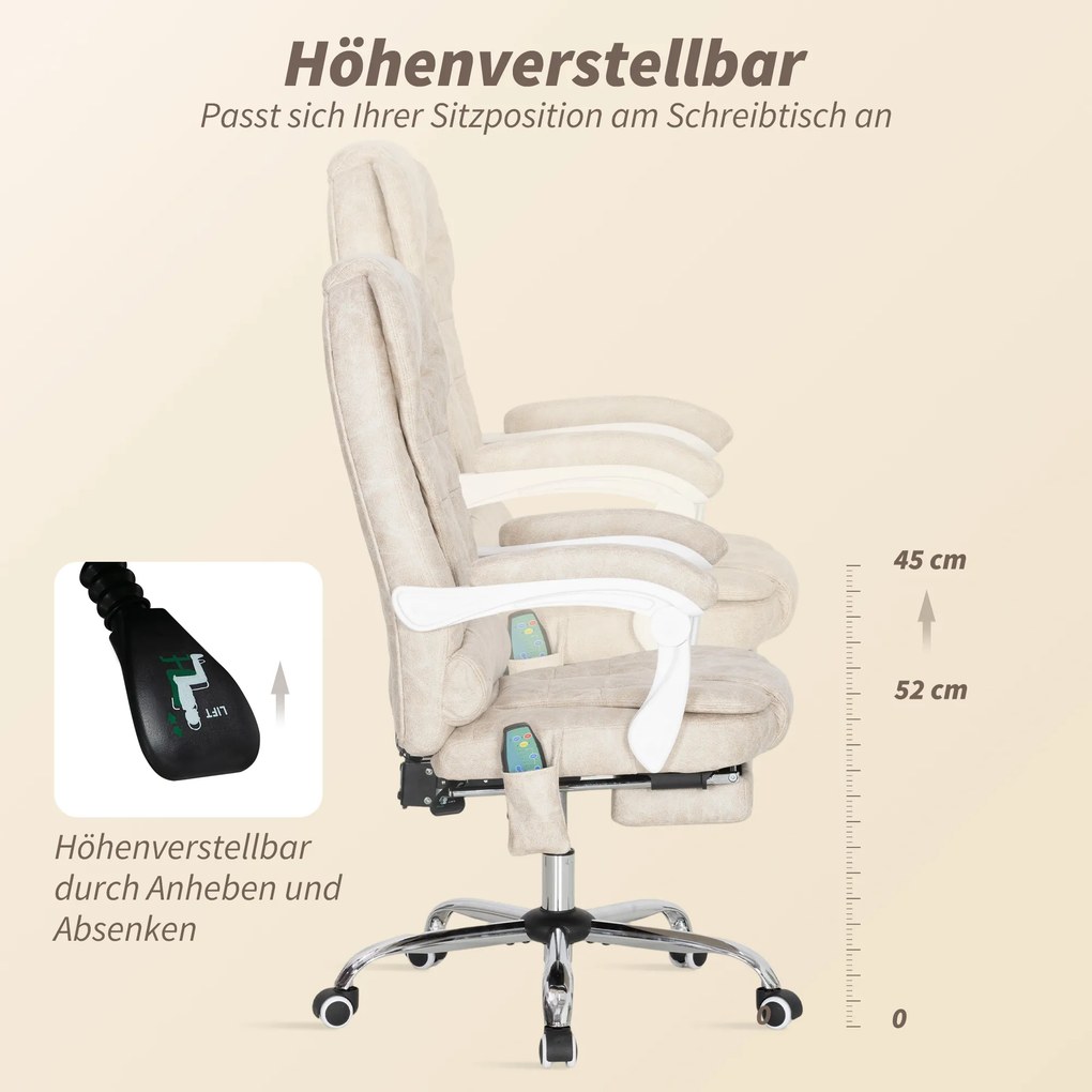 Vinsetto Kancelářská židle s masážní funkcí, ergonomická, 65x160x104 cm, krémově bílá