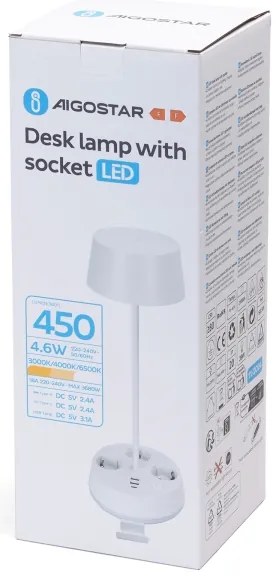 Aigostar - LED Stmívatelná stolní lampa se zásuvkami a USB LED/4,6W/230V bílá
