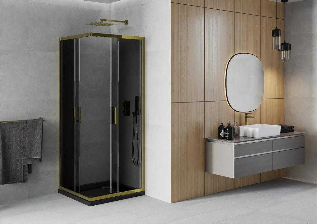 Mexen Rio, čtvercový sprchový kout s posuvnými dveřmi 90 (dveře) x 90 (dveře) x 190 cm, 5mm šedé sklo, zlatý profil + černá sprchová vanička SLIM, 860-090-090-50-40-4070G