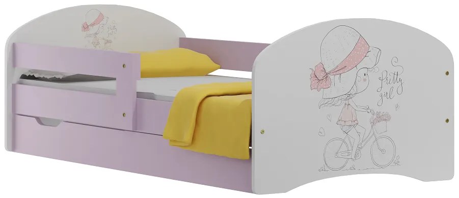 Dětská postel s motivem PRETTY GIRL  se zábranou Rozměr: 200x90, Matrace: včetně matrace RELAX, Barevná kombinace: BÍLÁ/FIALOVÁ