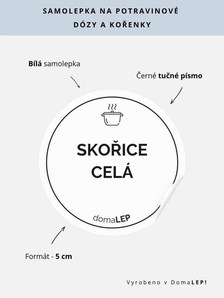 Samolepka na kořenky SKOŘICE CELÁ bílá 5 cm tučné písmo
