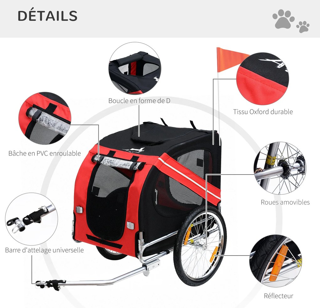PawHut Pet Bike Trailer - Kočárek pro psy s 8 odrazkami, vlajkou a připojovacím barem, ocelový, voděodolný polyester, max. 30 kg, 130L x 73W x 90H cm…