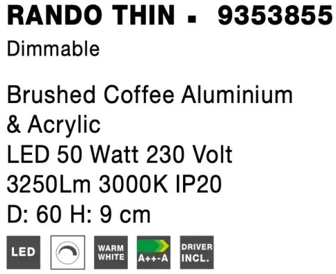 Stropní svítidlo LED se stmíváním Rando Thin 60 3000k hnědá
