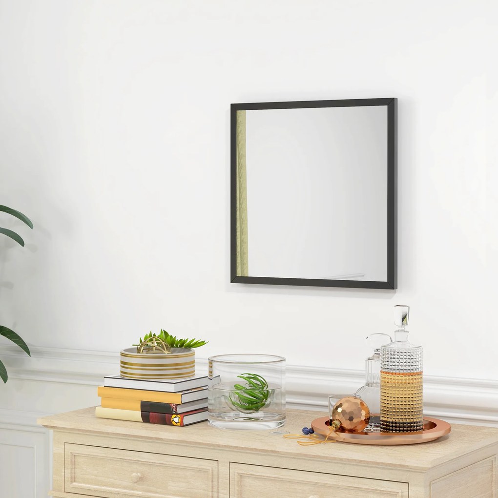 HOMCOM Čtvercové nástěnné zrcadlo 50 x 50 cm, černý dřevěný rám, ideální do koupelny, obývacího pokoje nebo ložnice
