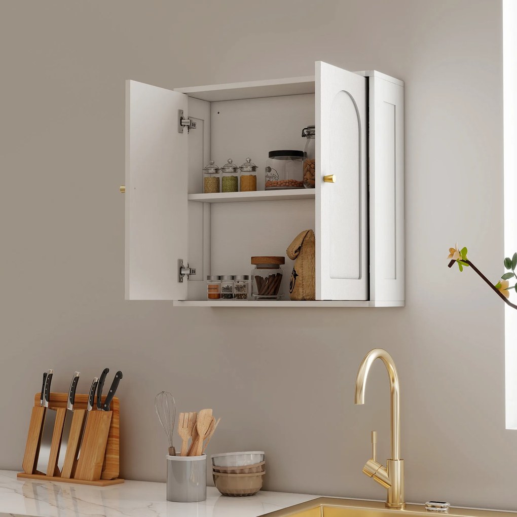 HOMCOM Koupelnová nástěnná skříňka s regály, 2 dveře s obloukovým designem a zlatými úchyty, 60x20x60 cm, bílá