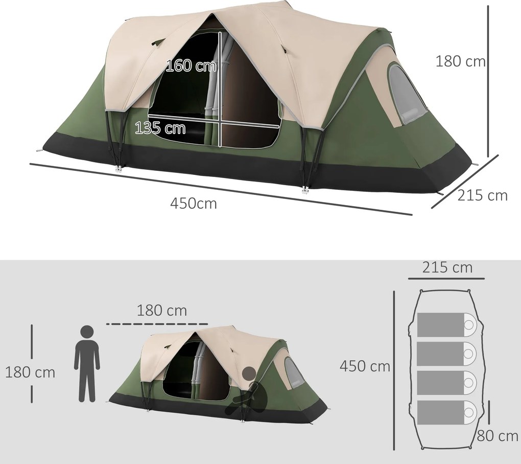 Outsunny Rodinný Stan pro Kempování pro 6-8 Osob Skládací Kempingový Stan s 2 Místnostmi a Vodotěsnou Taškou pro Turistiku 450x215x180 cm Olivově Zel…