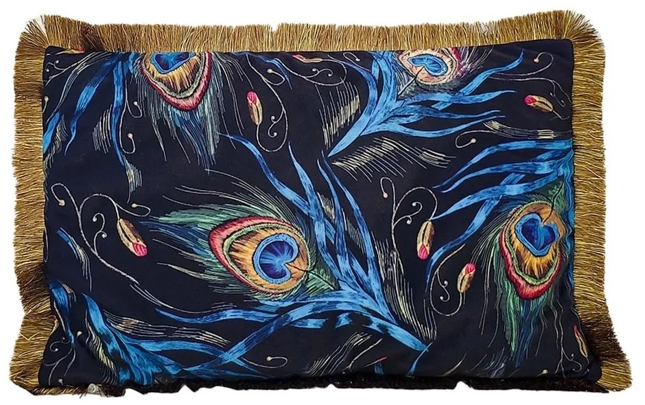 Sametový polštář s pavími pery a zlatými třásněmi - 40*60*10cm