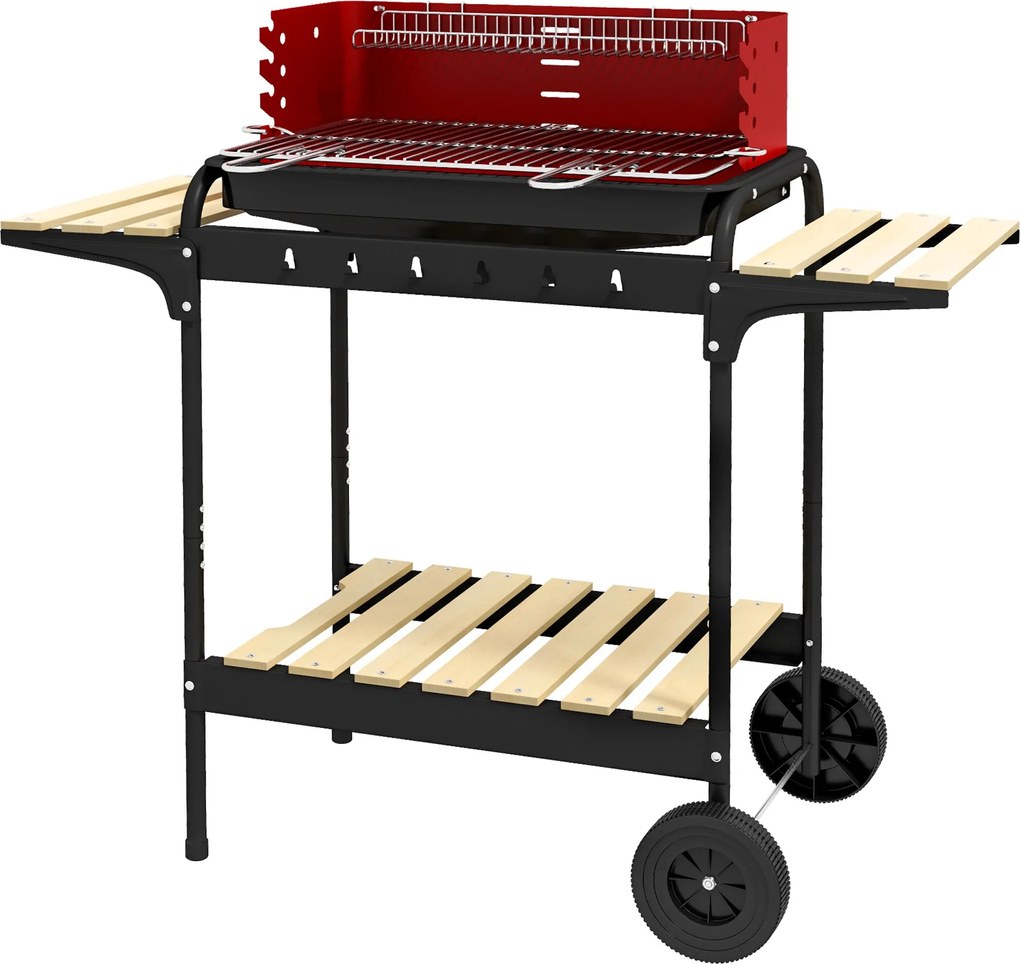 Outsunny Záhradní Kovový Uhlík Gril BBQ Smokery s Kolíky, Nastavitelný Grilovat Výšku, Dřevěná Police, Přenosný Grilový Vozík, BBQ pro Grilování a Kem