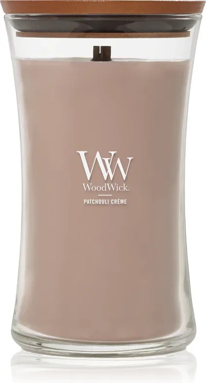 WoodWick vonná svíčka s dřevěným knotem velká Patchouli Creme 609 g