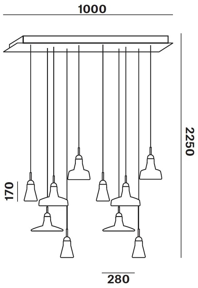 Brokis PC921 Shadows set rectangular large, závěsné svítidlo, foukané kouřové šedé sklo - černý dub - černý kabel, 10x5W LED GU10 dim, 100x36cm