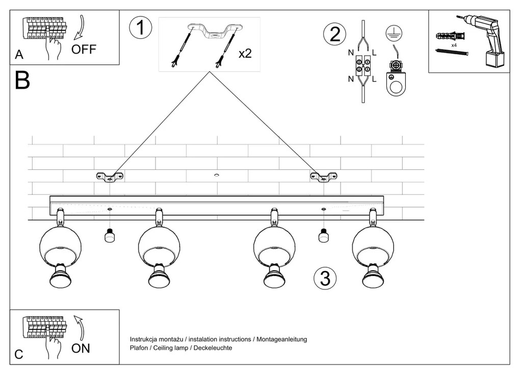 Bodové svítidlo Oculare, 4x černé kovové stínítko, (možnost polohování)