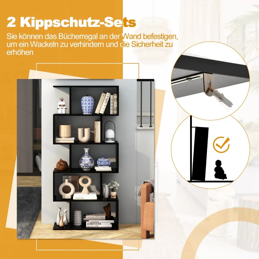 Costway Knihovna 5 vrstev Anti-Tilt Samostatně stojící přepážka Dekorativní