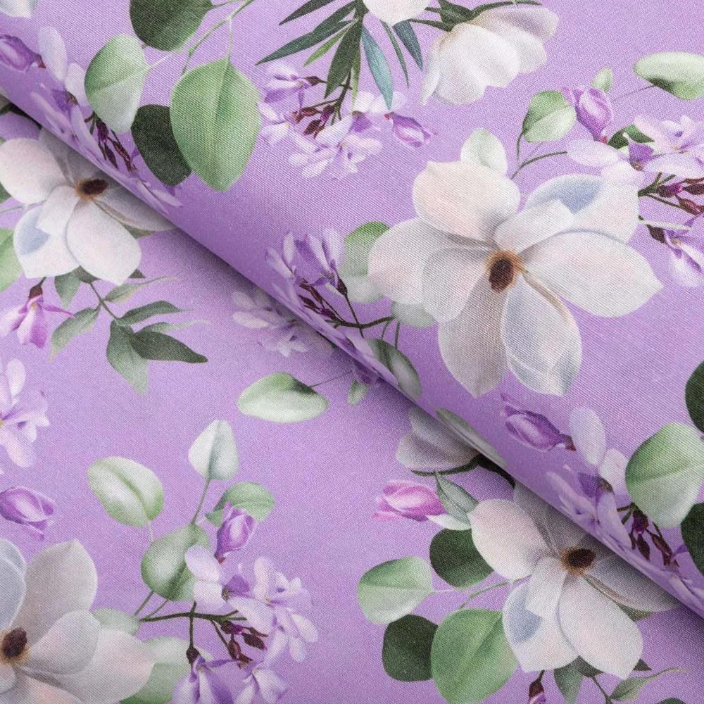 Biante Dekorační běhoun na stůl PML-044 Květy magnolie na fialovém 20x120 cm