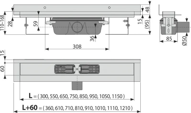 Alcadrain Podlahový žlab s okrajem pro plný rošt a s pevným límcem ke stěně - APZ16-850