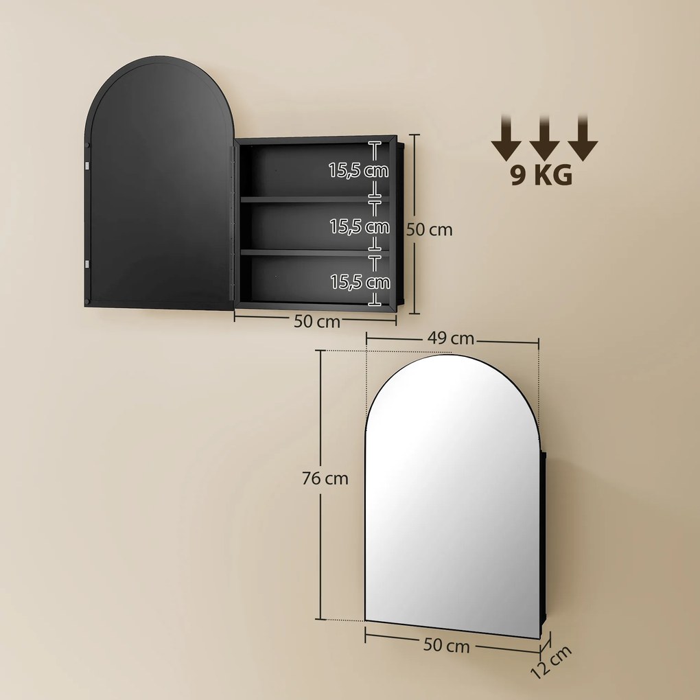 HOMCOM Zrcadlová skříňka do koupelny, klenutá koupelnová skříňka s dveřmi otočnými o 180°, 3 policemi, kovová, černá 50 x 12 x 76 cm