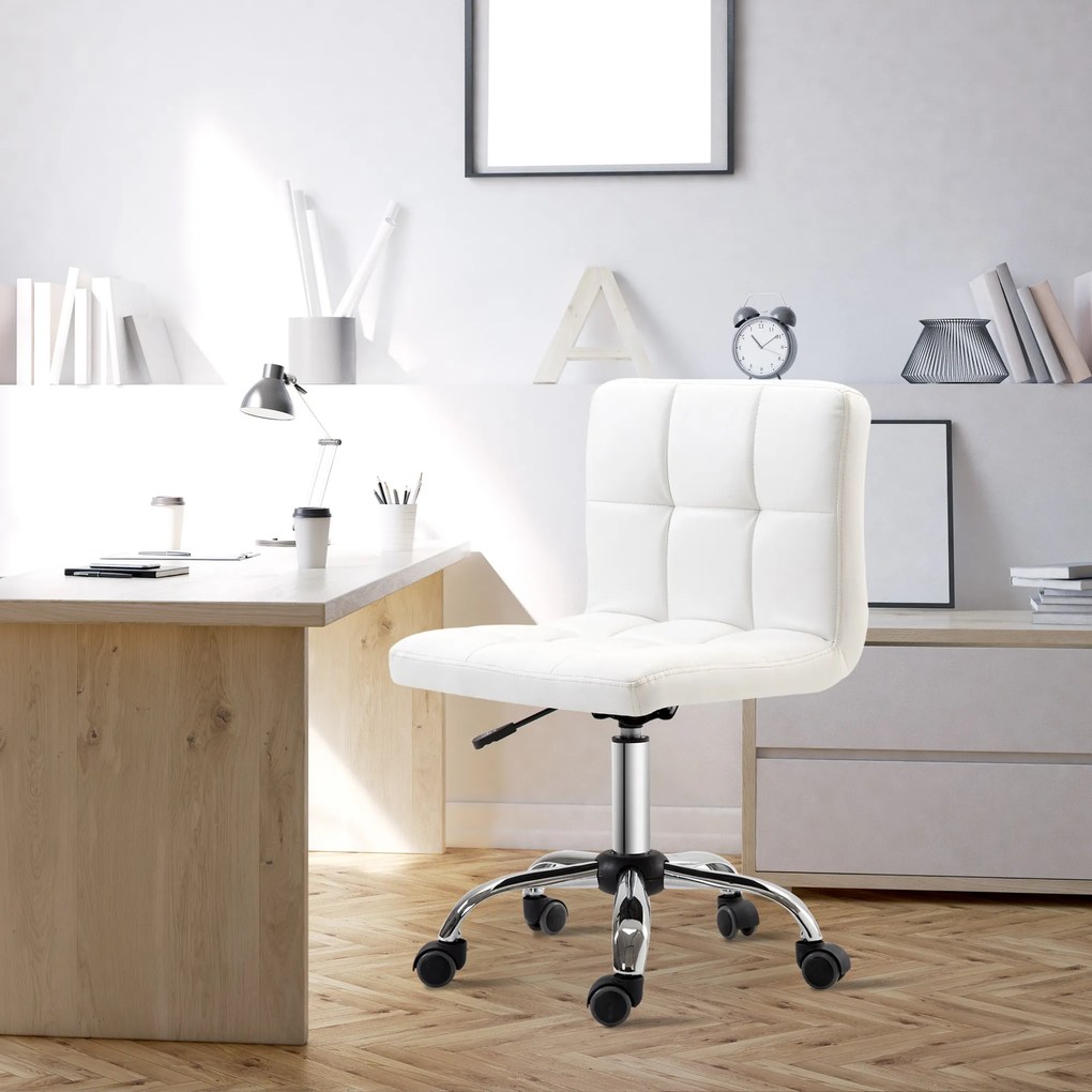 HOMCOM Kancelářská židle, ergonomická židle bez područek, výškově nastavitelná otočná židle, počítačová židle do kanceláře, studovny, umělá kůže, bílá