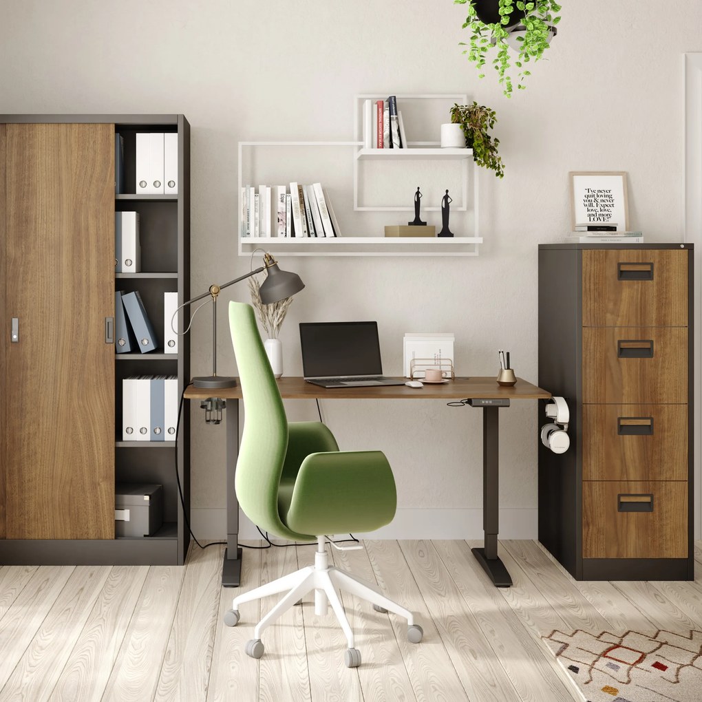 Kovová kancelářská skříň s posuvnými dveřmi, antracit/ořech, 900x1850x400 mm: KUBA Eco Design