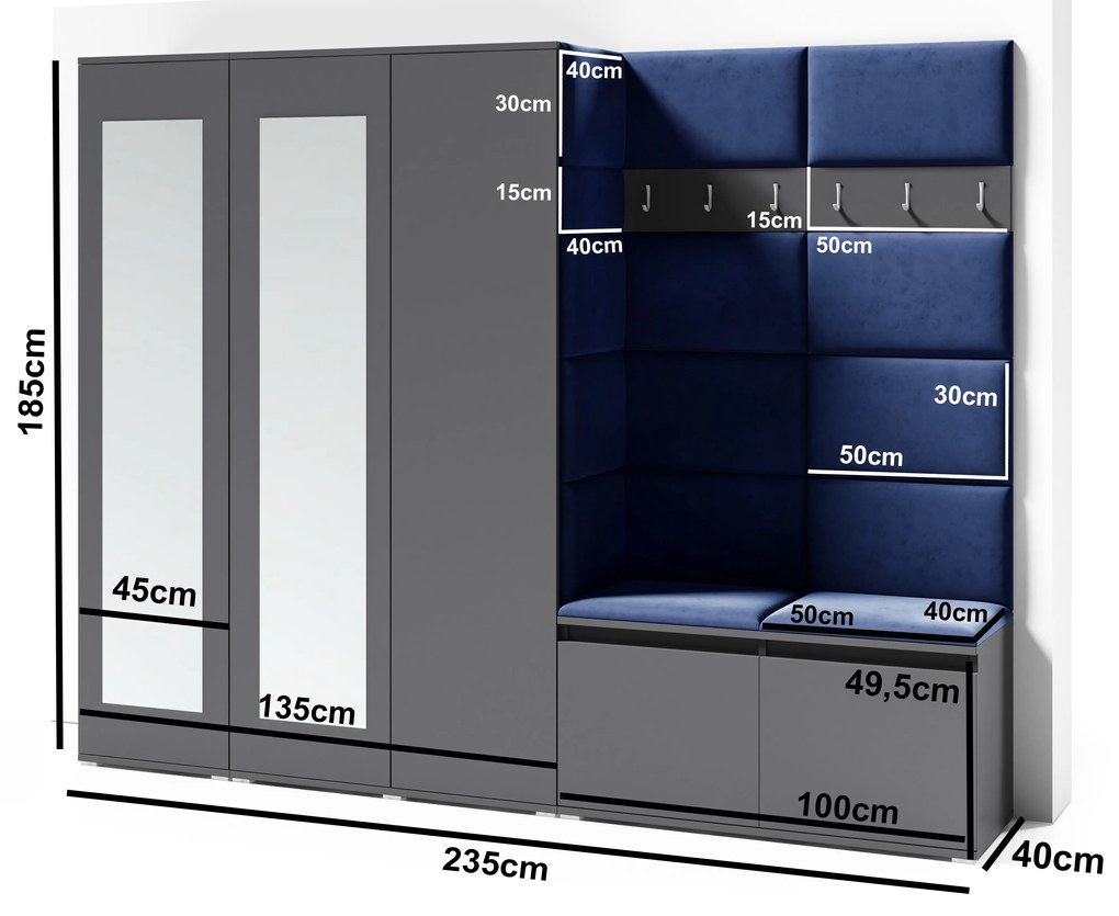 Eka Předsíňová stěna s čalouněnými panely Trinity 15 - Dub Artisan s černou / Tmavá růžová 2323