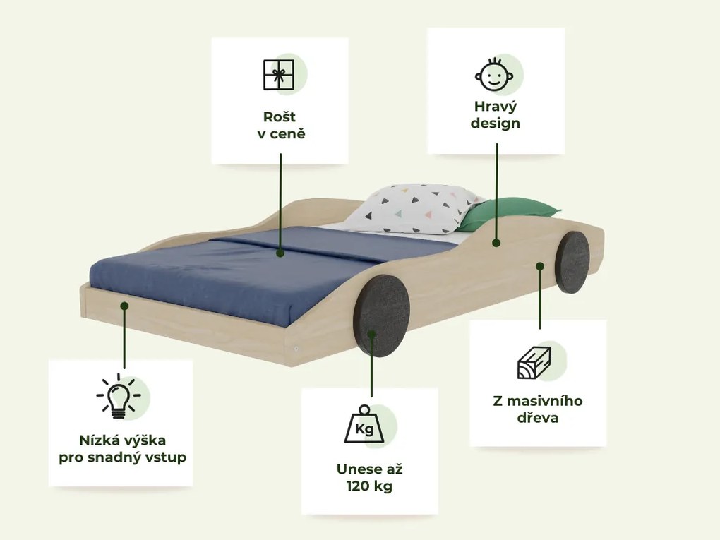 Benlemi Dětská auto postel ve tvaru sporťáku DRIFTY Zvolte barvu: Limetková zelená - černá, Zvolte rozměr: 80x160 cm