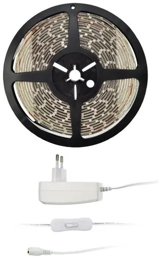 LED světelný pás s testrem, 5m, sada s 12V adaptérem, 4,8W/m, IP65, teplá bílá