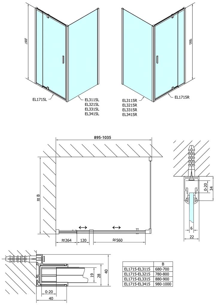 Polysan EASY LINE obdélníkový sprchový kout pivot dveře 900-1000x700mm L/P varianta EL1715EL3115