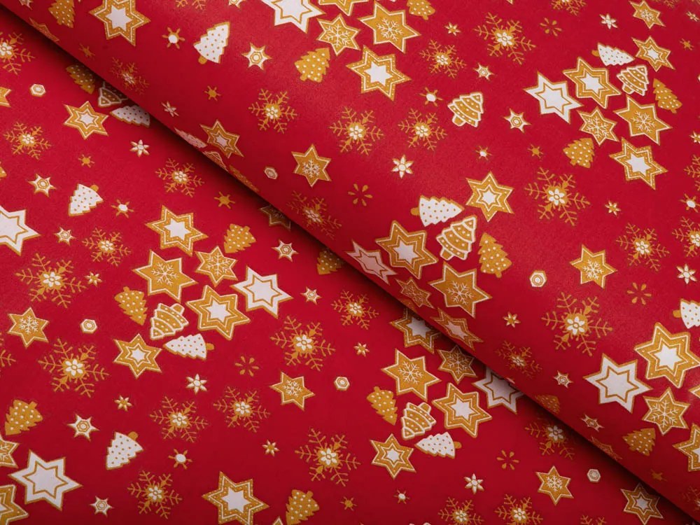 Biante Vánoční bavlněný běhoun na stůl Sandra SA-408 Hvězdičky a stromky na červeném 20x120 cm