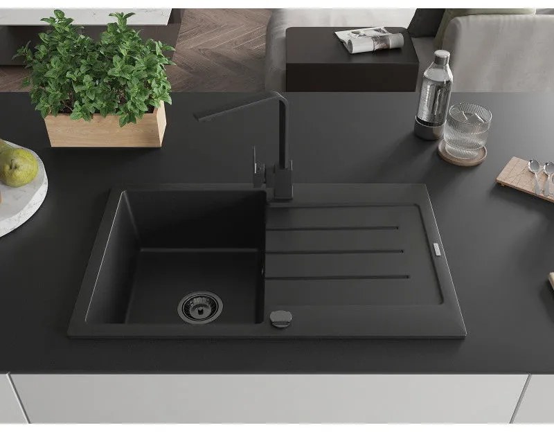 Mexen Bruno, dřez granitový 795x495x200 mm, 1-komorový, černá s černým sifonem a černá dřezová baterie Rita, 6513-77-670300-70-B